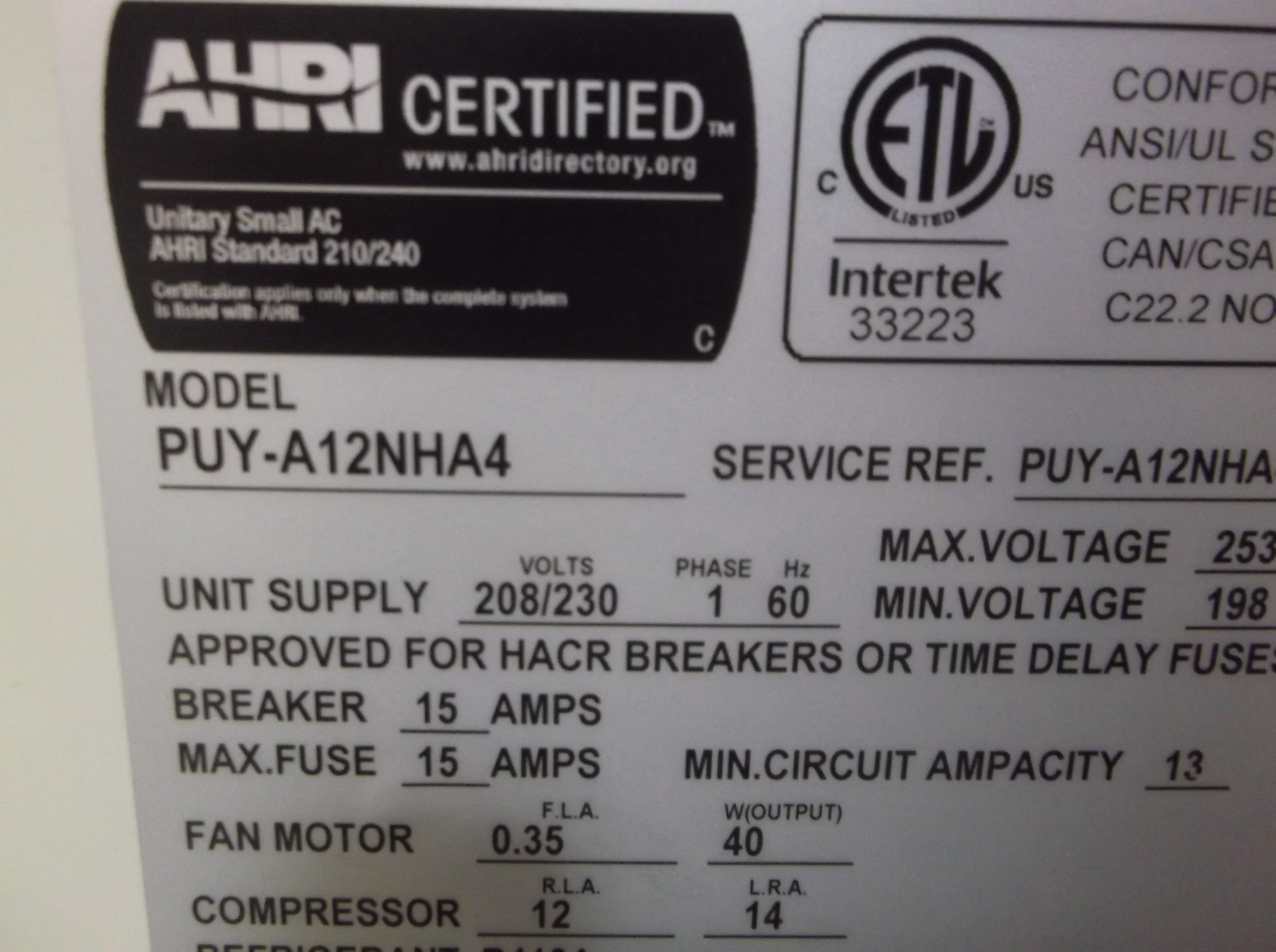 1 Ton Single Zone Mini-Split Outdoor Air Conditioner, 13.5 Seer 208-23 ...