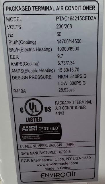 15,000 BTU HIGH EFFICIENCY PACKED TERMINAL AIR CONDITIONING UNIT WITH ...