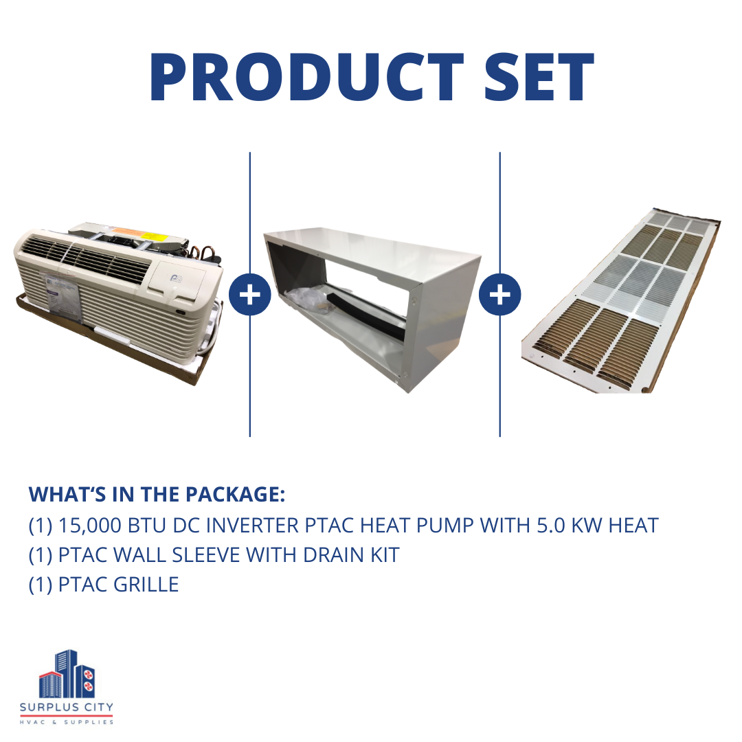 15,000 BTU DC INVERTER PTAC HEAT PUMP WITH GRILLE AND SLEEVE AND 5.0 K ...