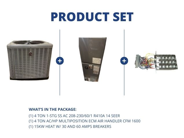 4 Ton 1-Stg SS AC 14 SEER, 4 Ton AC/HP Multi ECM Air Handler and 15Kw ...